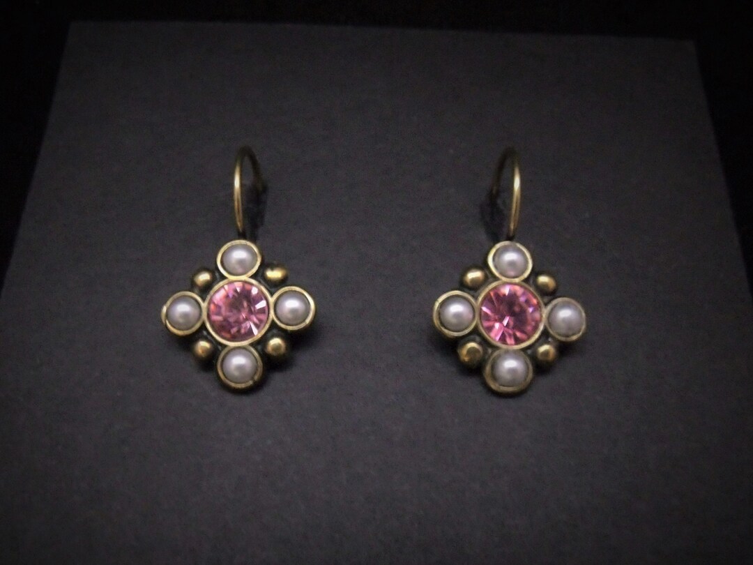 Medieval Earrings Rose Pink White Faux Pearl Antiqued Brass Renaissance ...