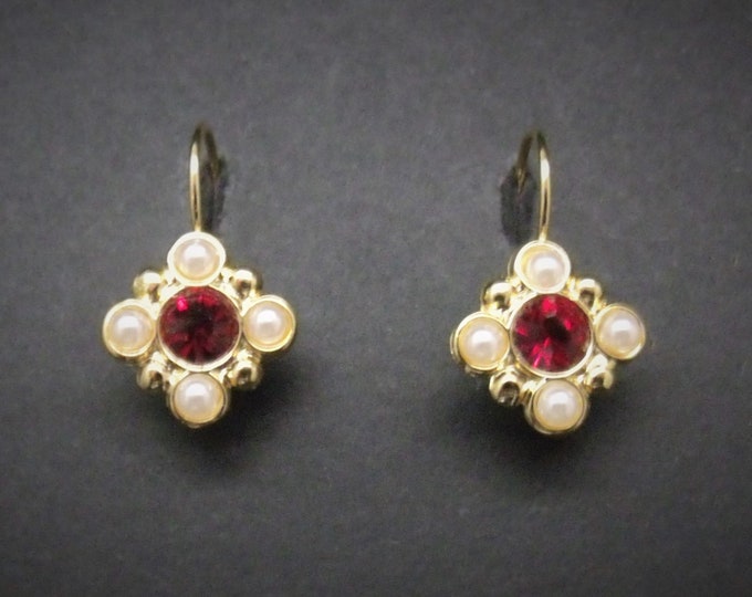 Medieval Earrings Red Rhinestones White Faux Pearl Gold Color Plating ...