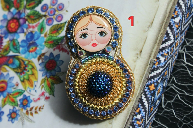 Blue and Rose Matryoshka Nesting Doll Pin , Babushka Doll Brooch for ...