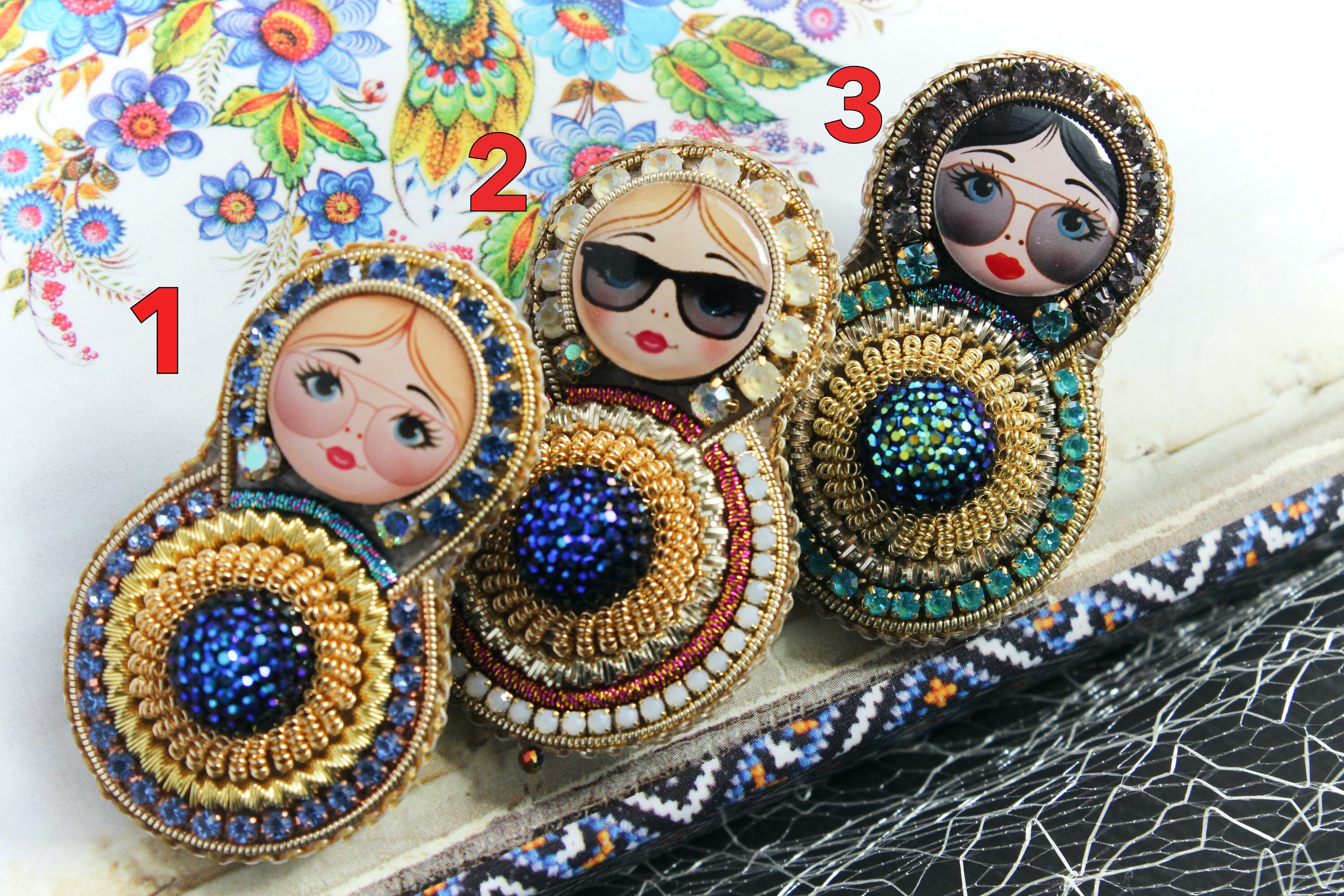 Blue and Rose Matryoshka Nesting Doll Pin , Babushka Doll Brooch for ...