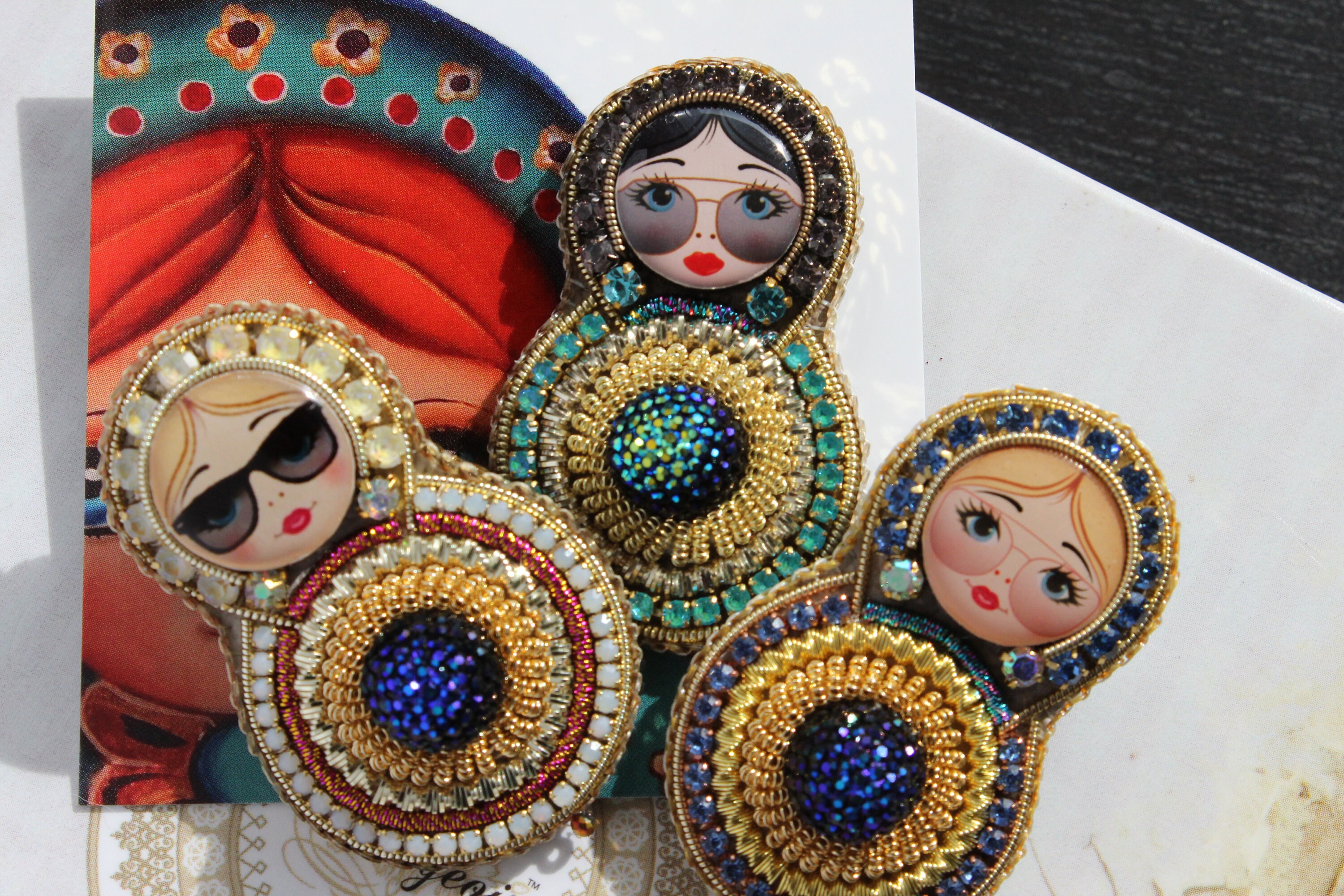 Blue and Rose Matryoshka Nesting Doll Pin , Babushka Doll Brooch for ...