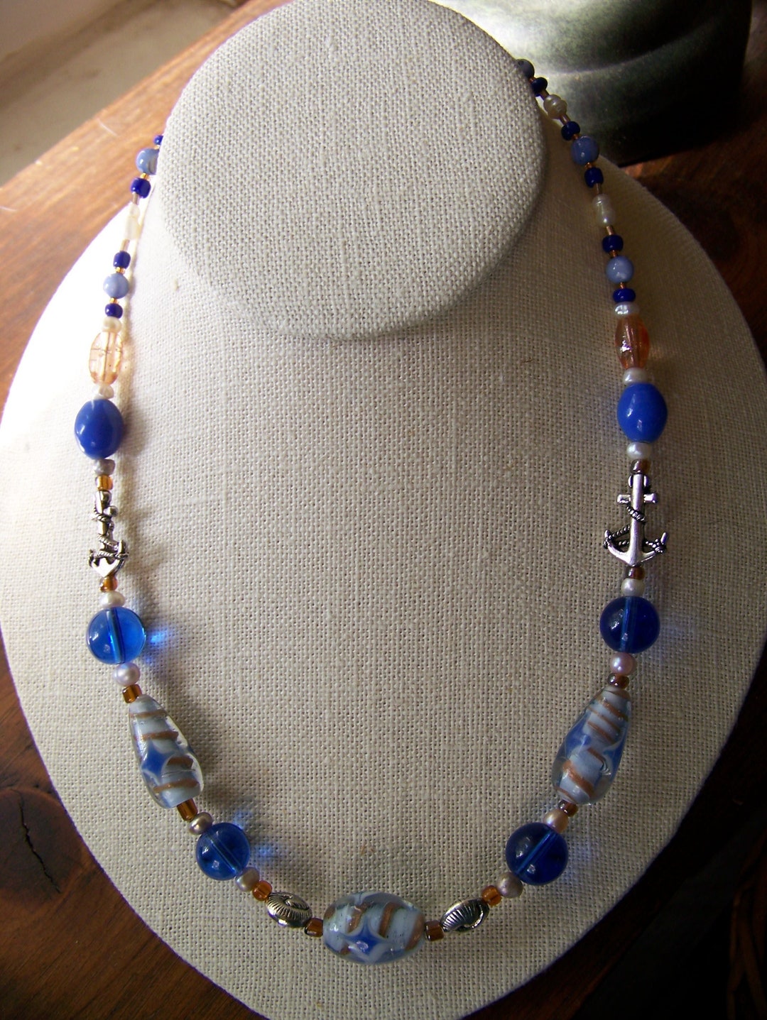 Nautical Beaded Necklace With Anchors & Nautilus Beads - Blue and White ...