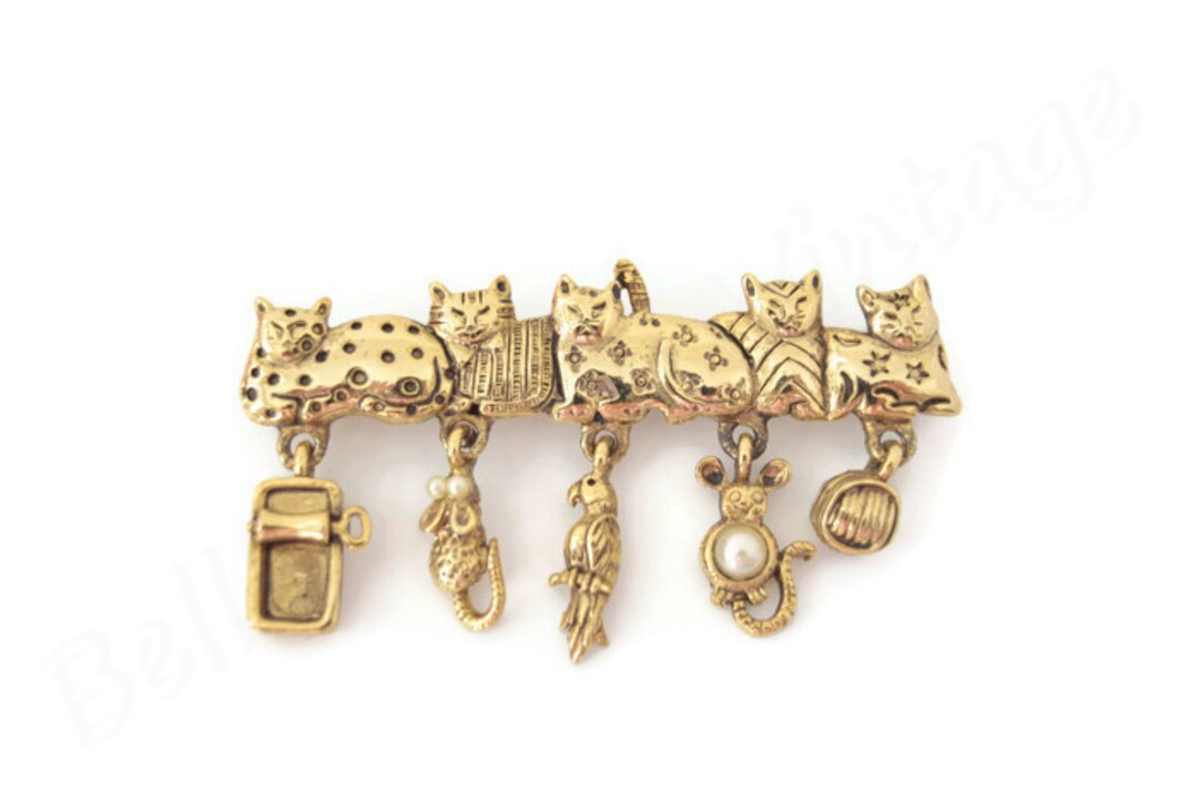 Cat Brooch Pin With Dangling Charms Signed AJC, Gold Tone Kitty Cats ...