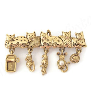 Cat Brooch Pin With Dangling Charms Signed AJC, Gold Tone Kitty Cats ...
