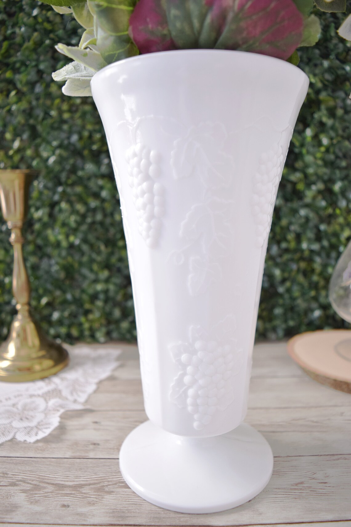 Vintage White Rustic Wedding Vase Tall Footed Milk Glass - Etsy