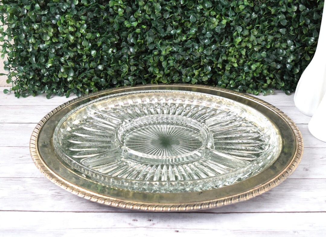 Vintage Large Silverplated Serving Tray With Divided Crystal Glass ...