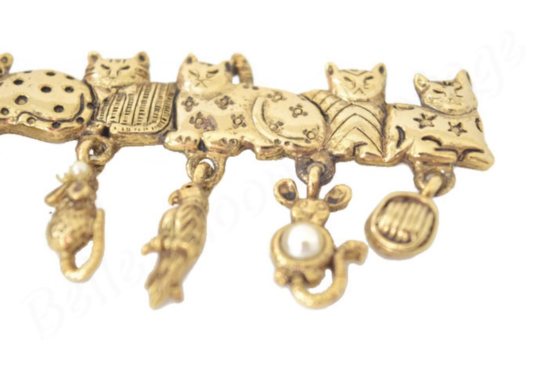 Cat Brooch Pin With Dangling Charms Signed AJC, Gold Tone Kitty Cats ...