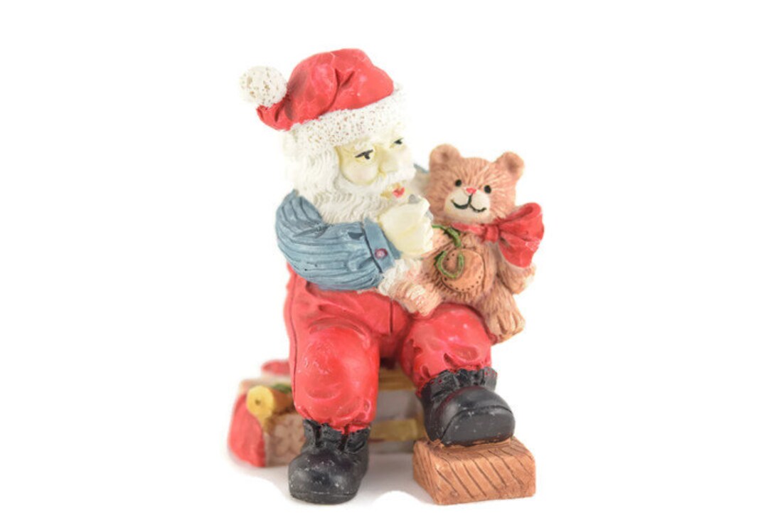 Vintage Santa Claus in Workshop Sewing Teddy Bear Resin Figurine Statue ...