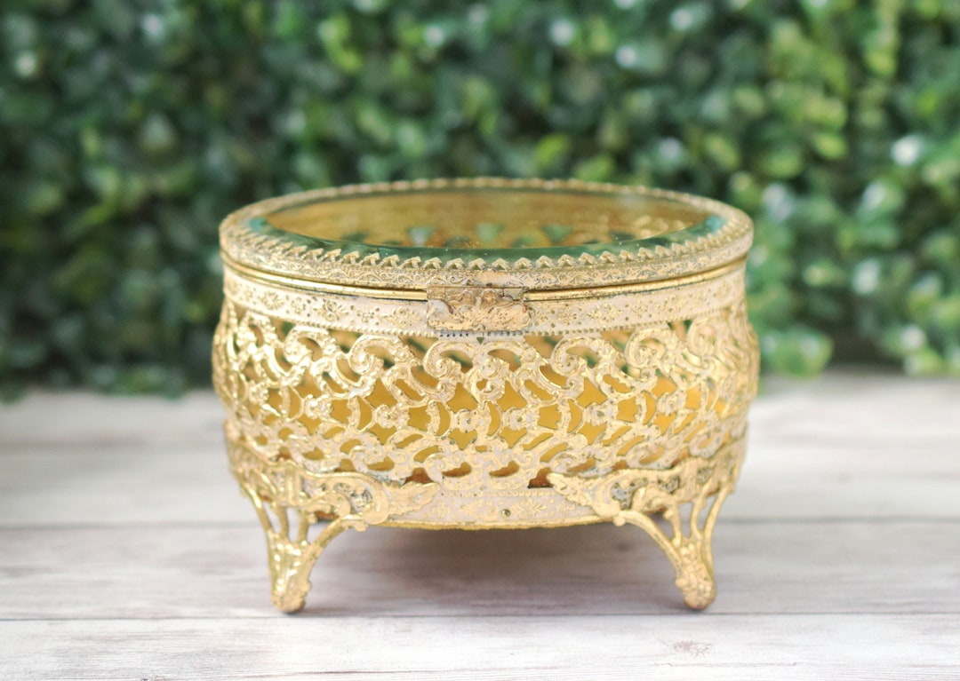 Small Vintage Lidded Gold Filigree Round Jewelry Box With Beveled Glass ...