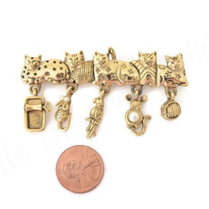 Cat Brooch Pin With Dangling Charms Signed AJC, Gold Tone Kitty Cats ...
