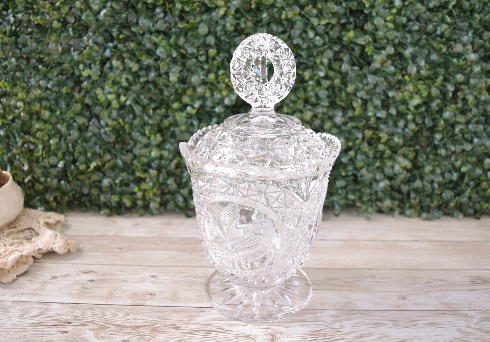 Exquisite Candy Jar With Etched Cut Birds and Tall Handle - Etsy