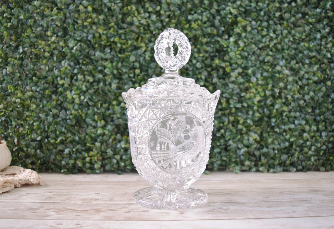 Exquisite Candy Jar With Etched Cut Birds and Tall Handle - Etsy