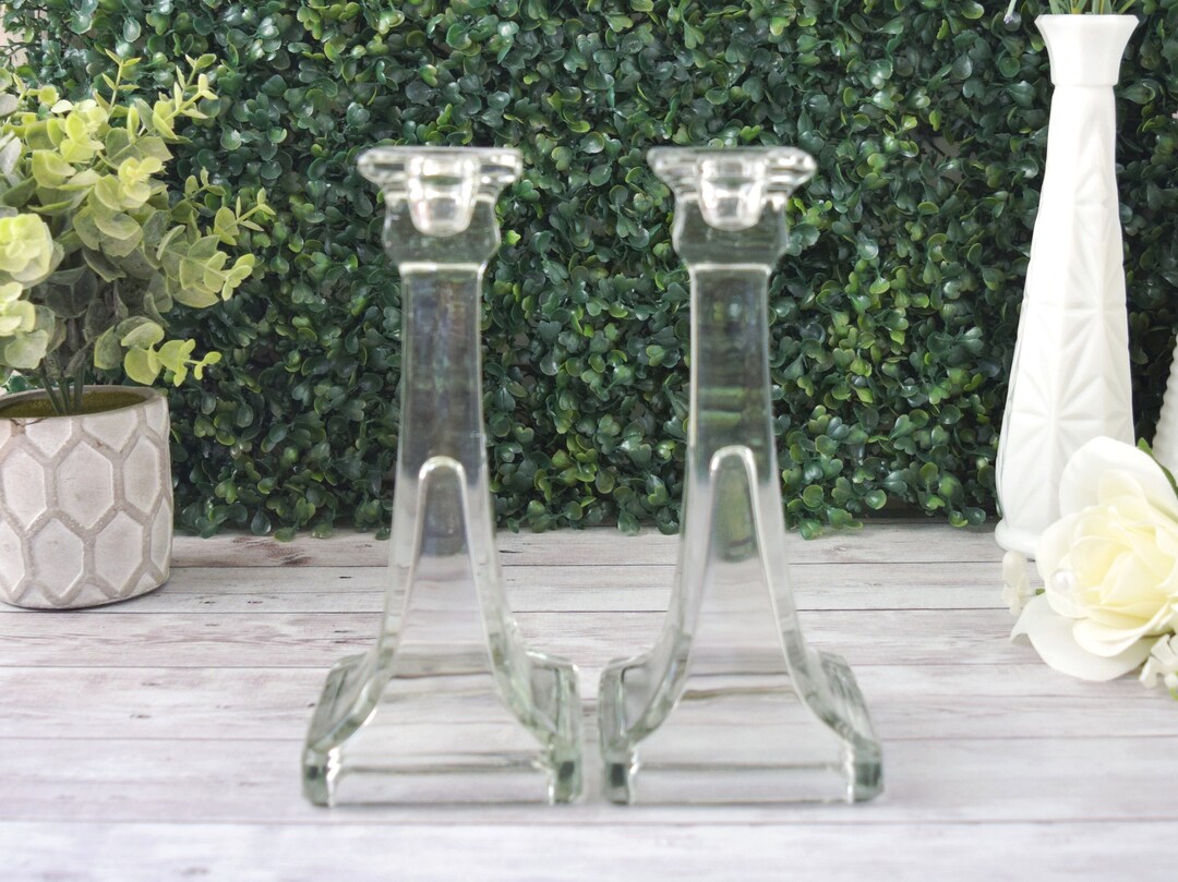 Vintage Tall Clear Glass Taper Candlestick Holders Set of 2 ...