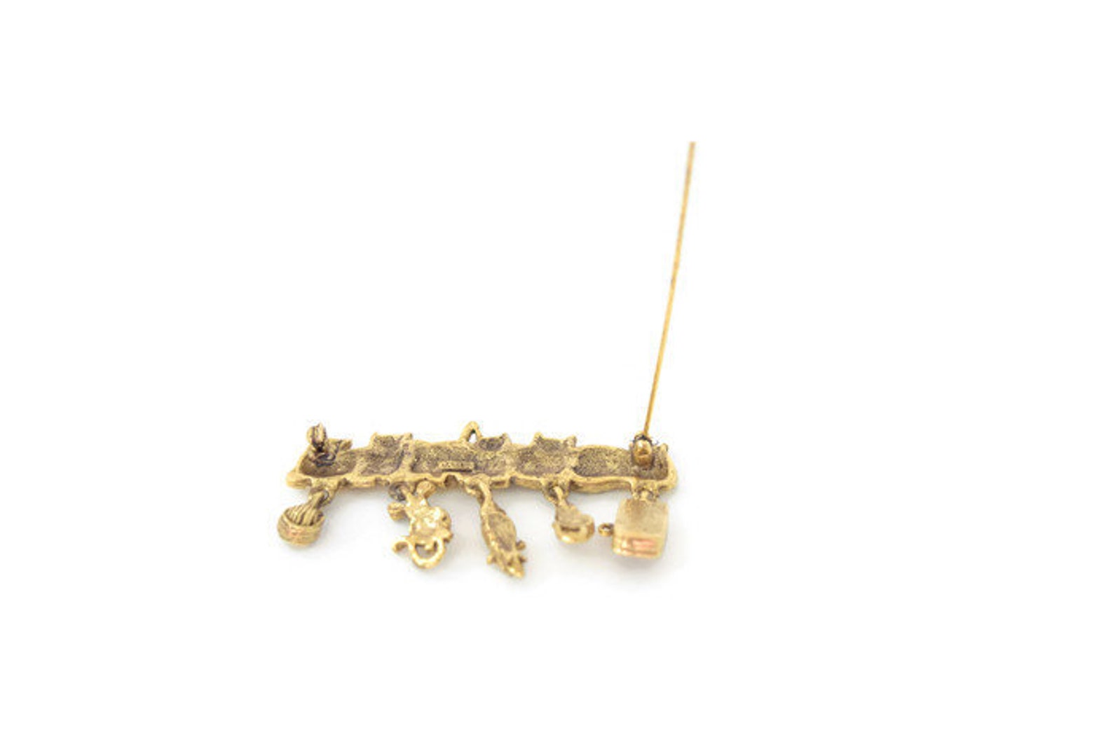 Cat Brooch Pin With Dangling Charms Signed AJC, Gold Tone Kitty Cats ...