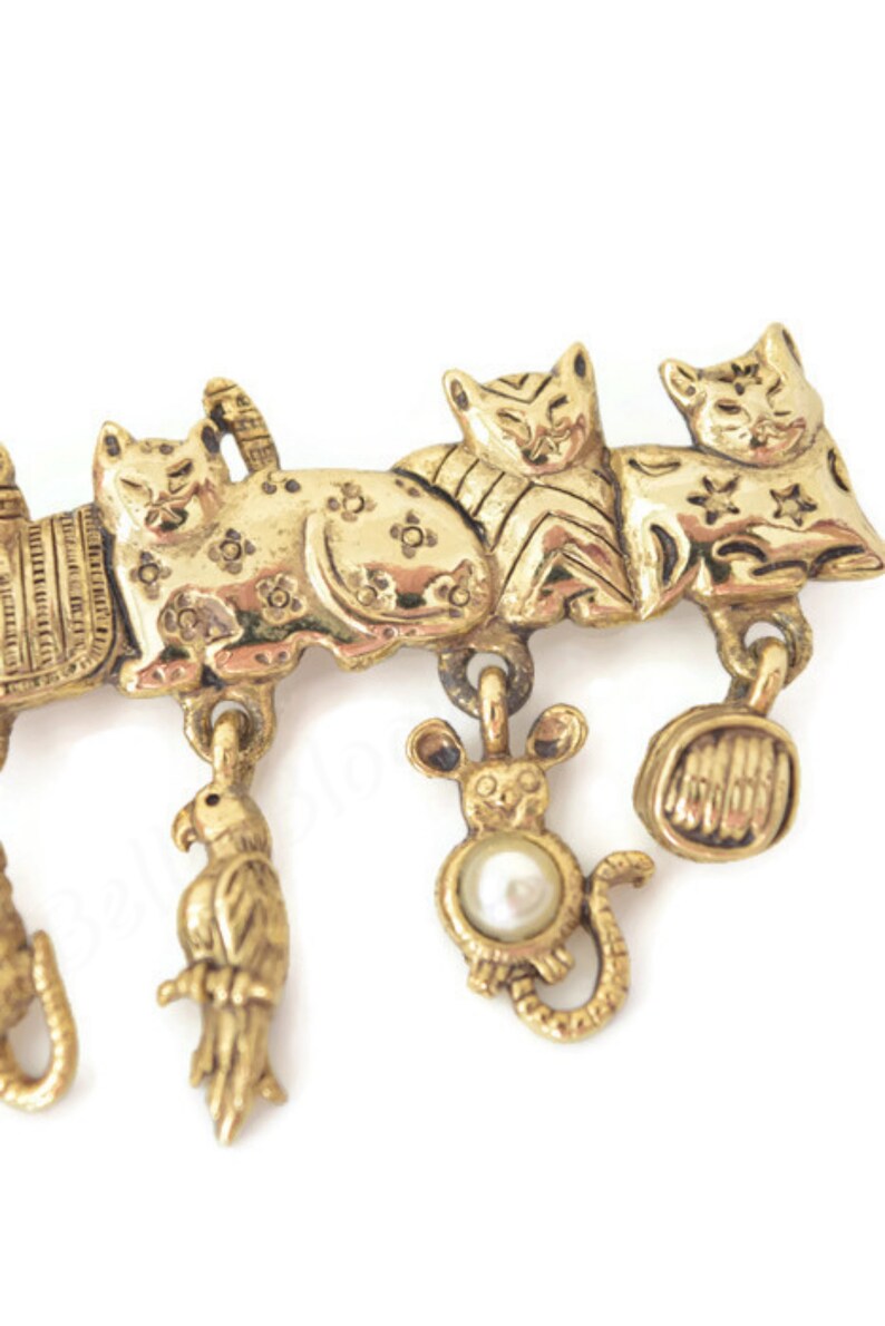 Cat Brooch Pin With Dangling Charms Signed AJC Gold Tone - Etsy