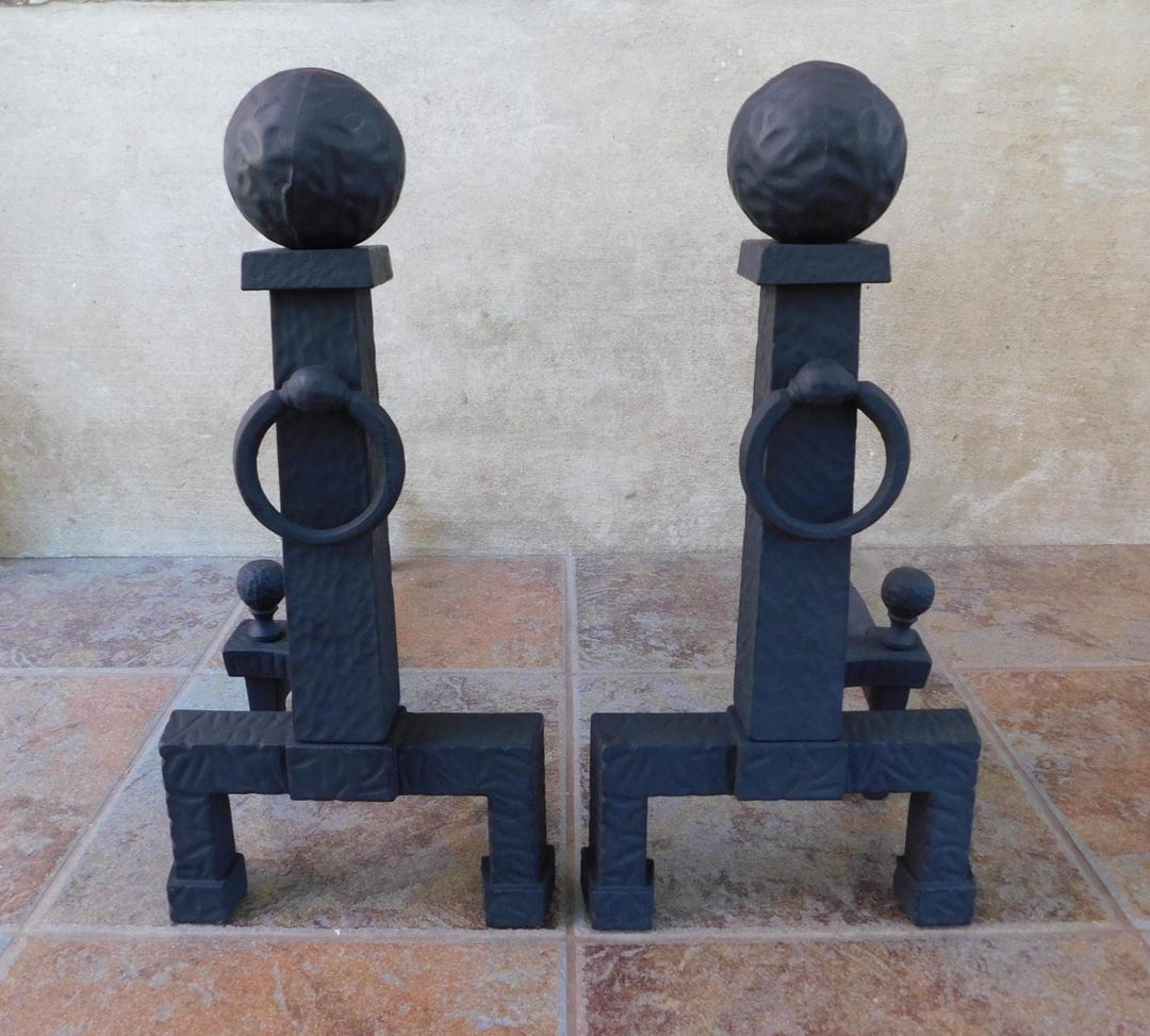 Large Vintage Cast Iron Cannonball Fireplace Andirons, Made in the USA ...