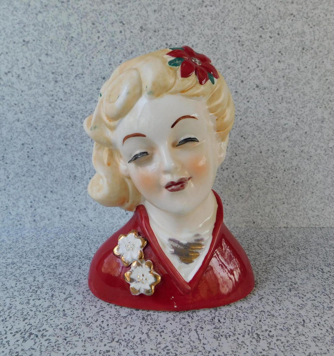 Vintage Ceramic Christmas Lady Head Vase, Head Planter, Holiday Decor ...