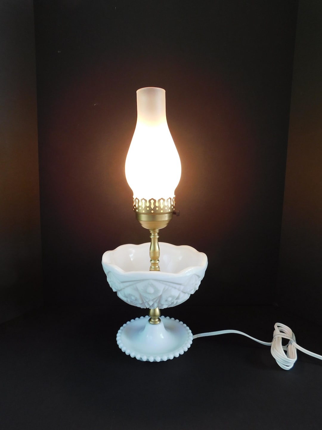 Working Vintage 1950s Mckee Toltec Milk Glass Candy Bowl Lamp With New ...