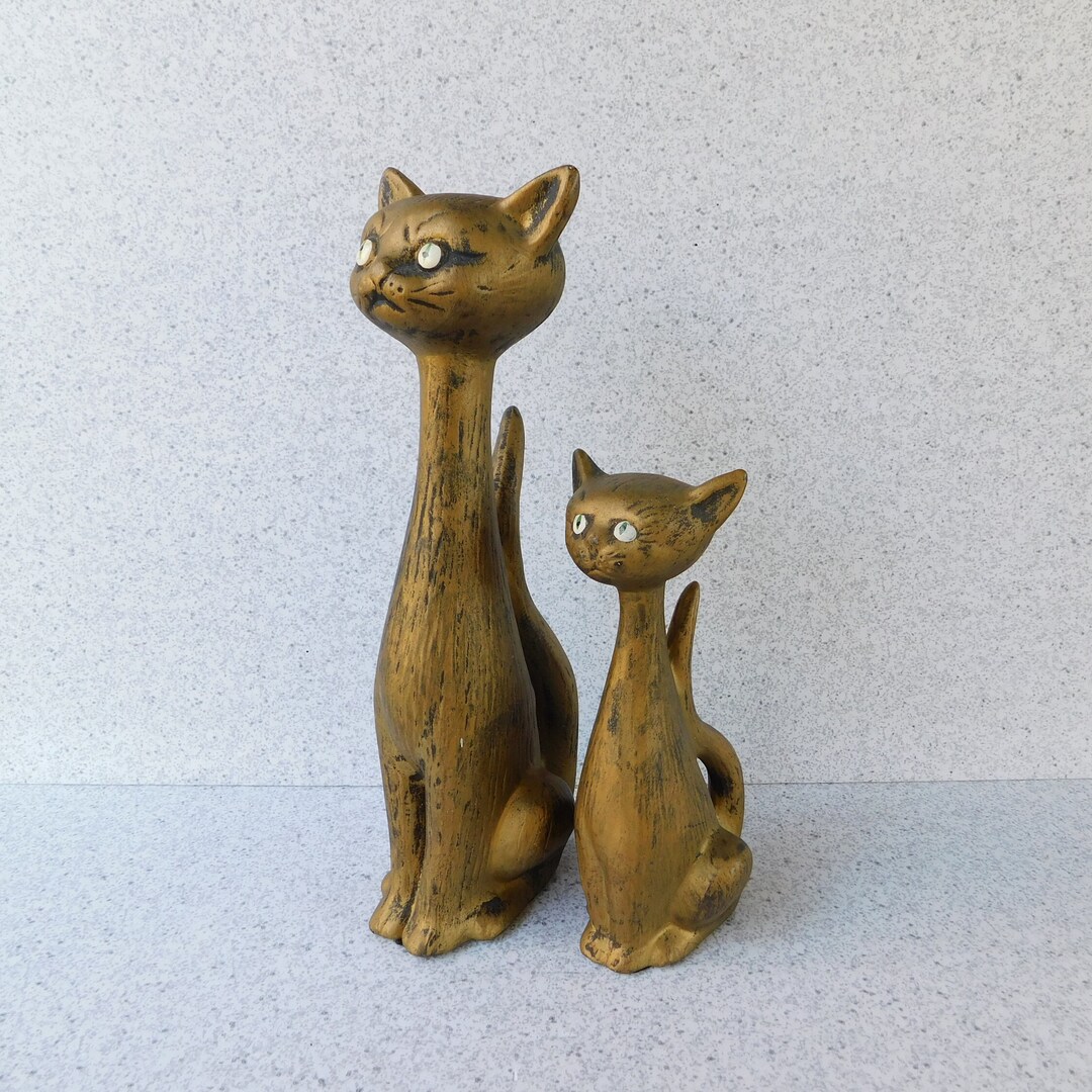 Pair of 1960s Long Neck Cats, 2 Large Gold Cat Figurines, Mid Century ...