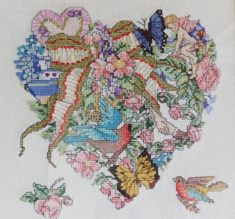Completed and Framed Elsa Williams Beribboned Heart Counted Cross ...