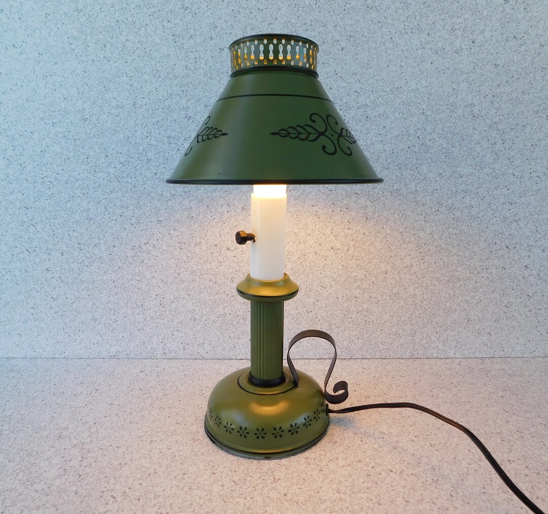 1970s Avocado Green and Black Candlestick Tole Lamp, Table or Desk Lamp ...