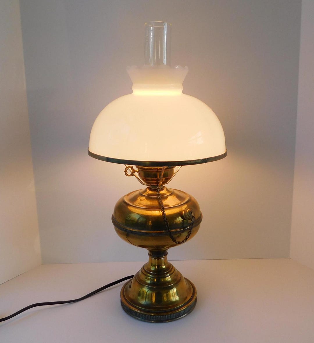 Vintage Hurricane Lamp With White Glass Shade, Oil Lamp Style, New Cord ...