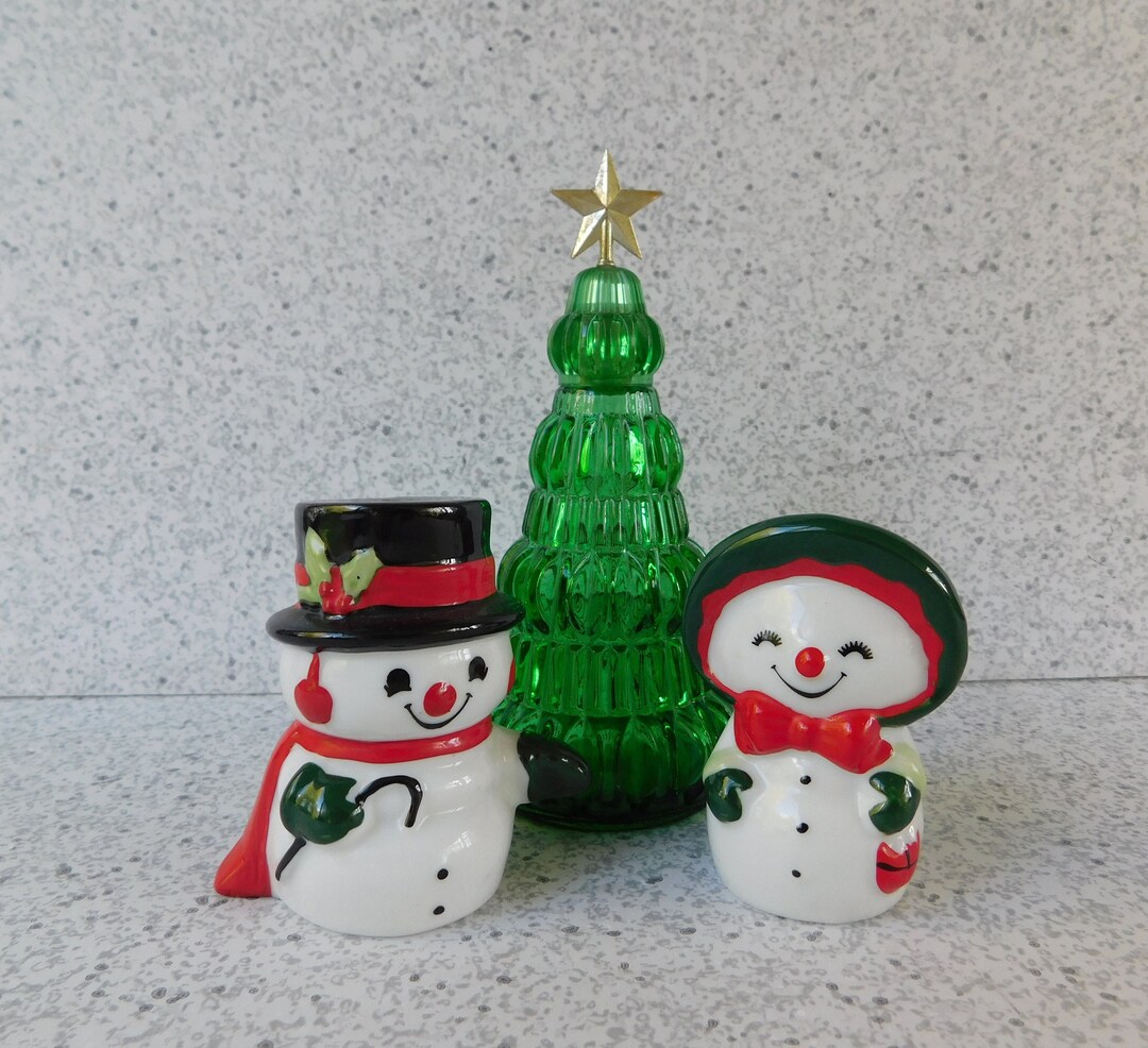 Vintage Porcelain Hallmark Happy and Merry Snowman and Snow Woman Salt ...