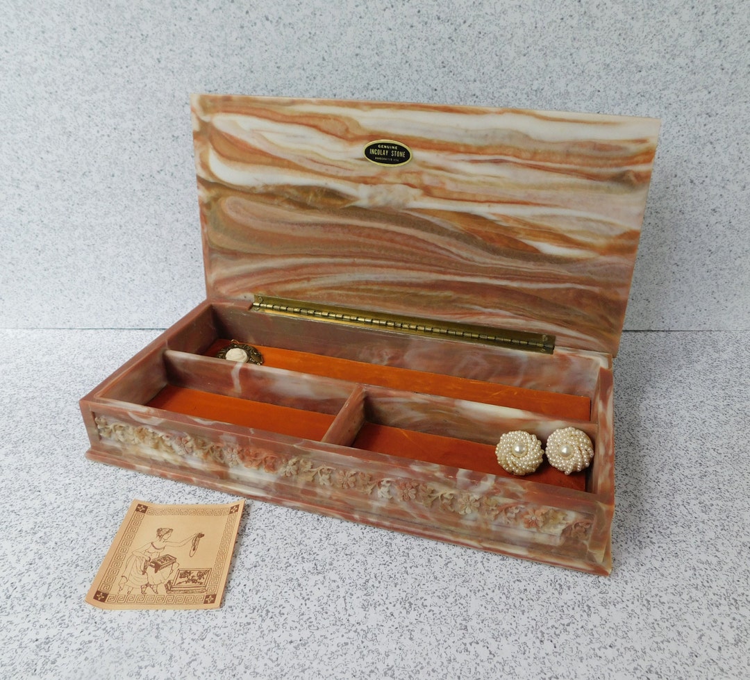 Large Vintage Incolay Stone Romantic Scenes Jewelry Box With Orange ...
