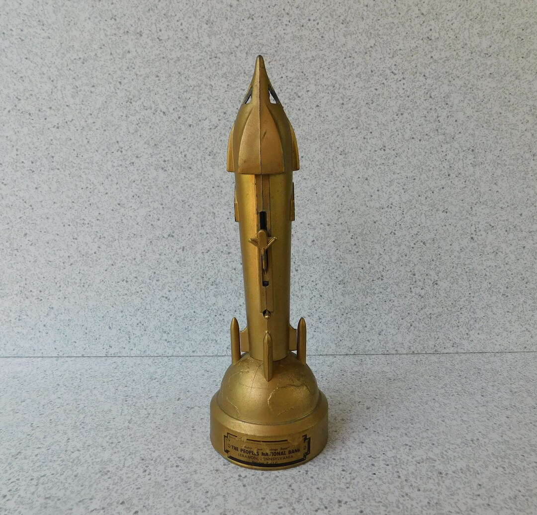 Working Vintage Mechanical Rocket Bank, Duro Mold Satellite Bank ...