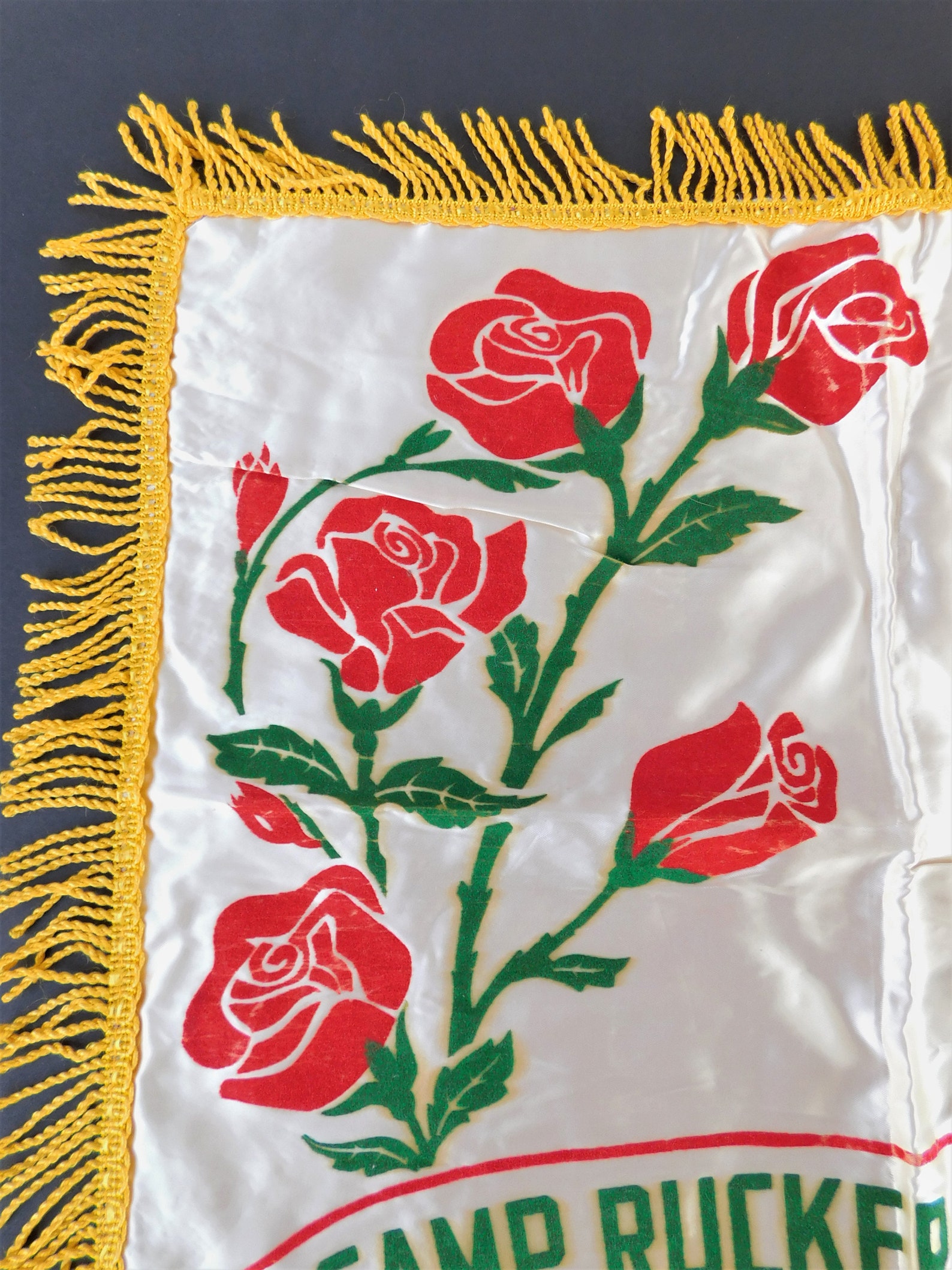 WWII US Army Camp Rucker Sweetheart Pillowcase, Fringed Red Roses Satin ...