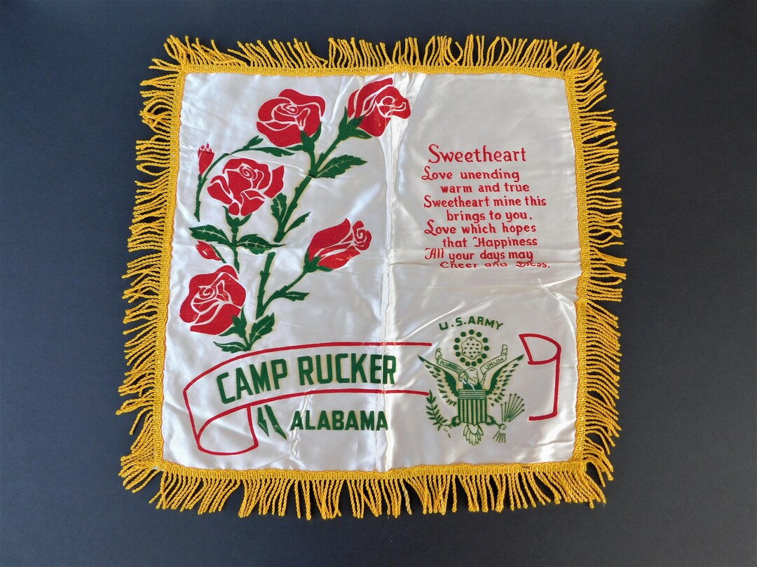 WWII or Mid Century US Army Camp Rucker Sweetheart Pillowcase, Fringed ...