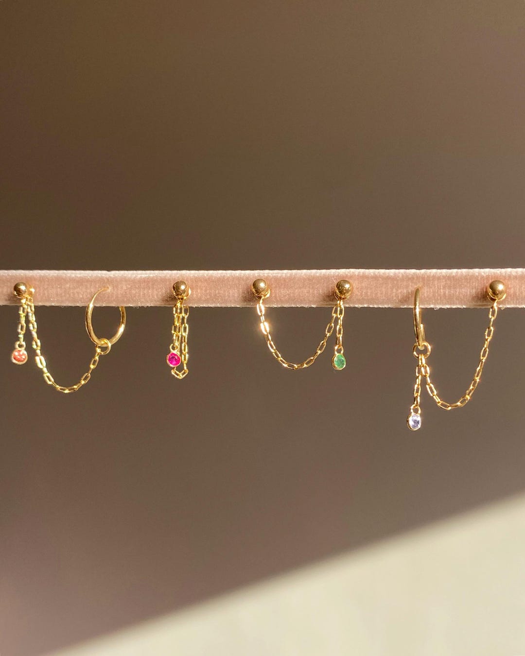 14K Gold Earring Chain Attachment Natural Gemstones Solid Gold Double ...