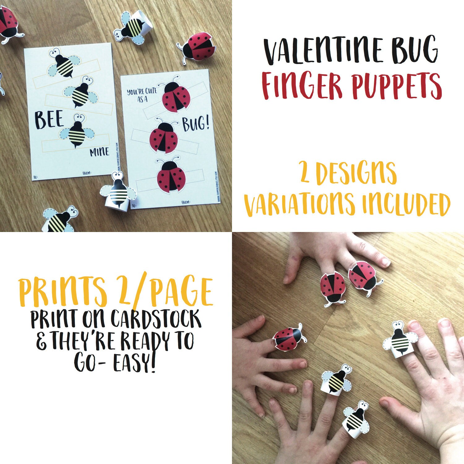 Instant Download DIY Valentine Cards. Finger Puppet. Love Bug Valentine ...