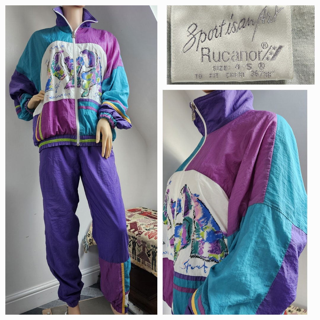 1980s Vintage Shell Suit Tracksuit Purple/green With Feature Front 36/ ...