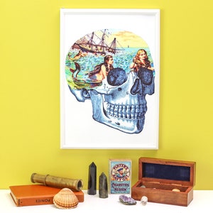 Mermaid Art Print Skull Art Rockabilly Sailor Nautical Wall Art Cool ...