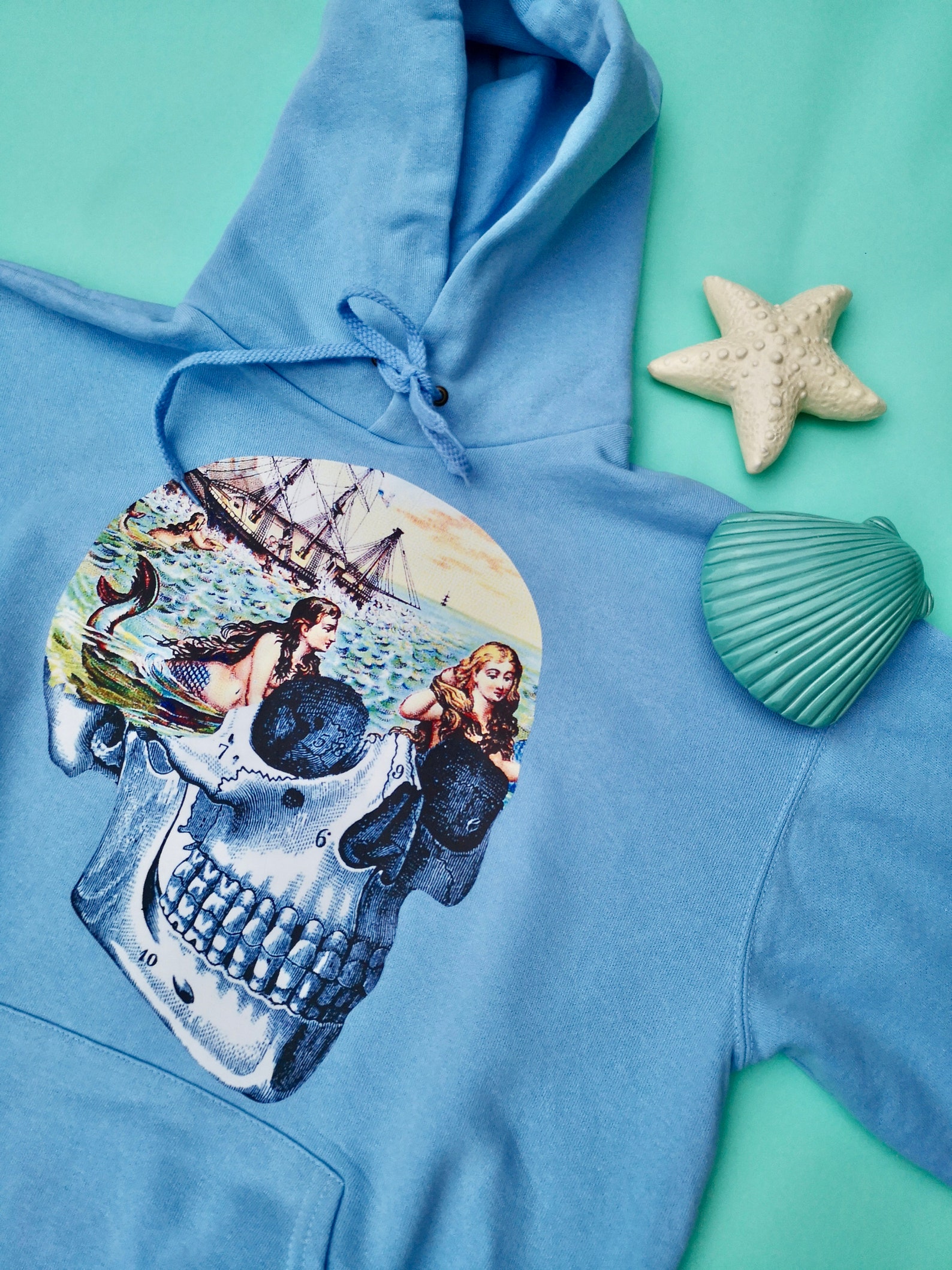 Mermaid Skull Hoodie Baby Blue Oversized Pullover Nautical - Etsy