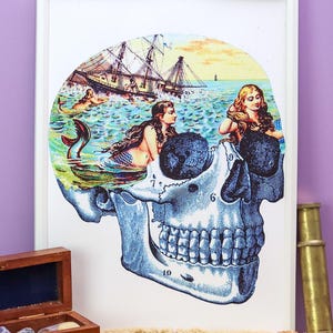 Mermaid Art Print Skull Art Rockabilly Sailor Nautical Wall Art Cool ...
