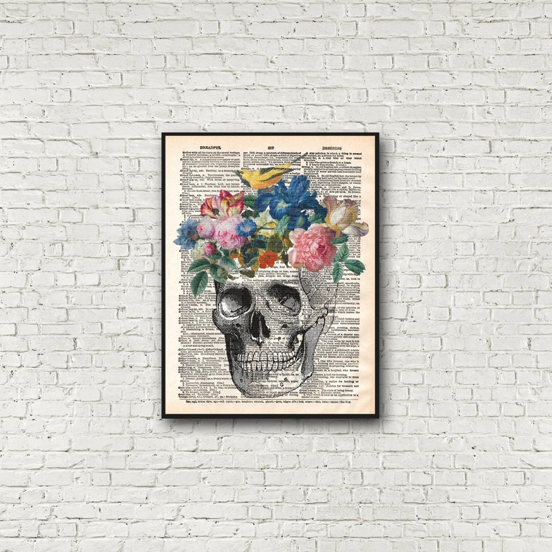 Floral Skull Dictionary Art Print Flowers Birds Pastel Goth - Etsy