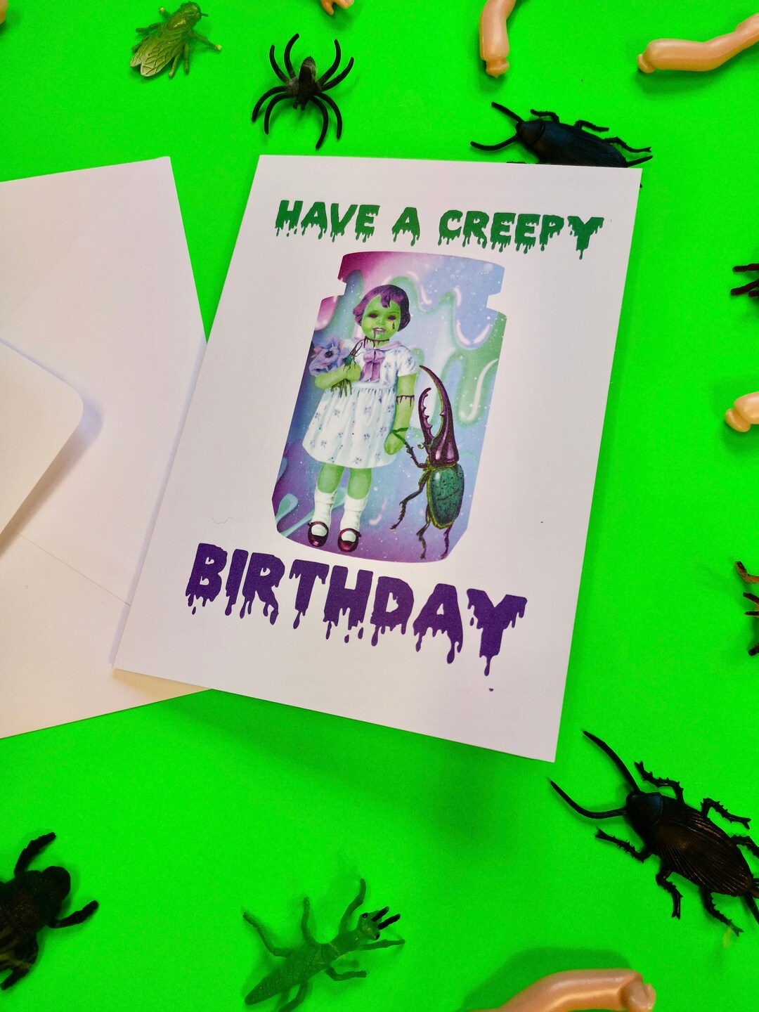 Creepy Doll Birthday Card Lucy and the Creature Alien Bug Insect Goth ...