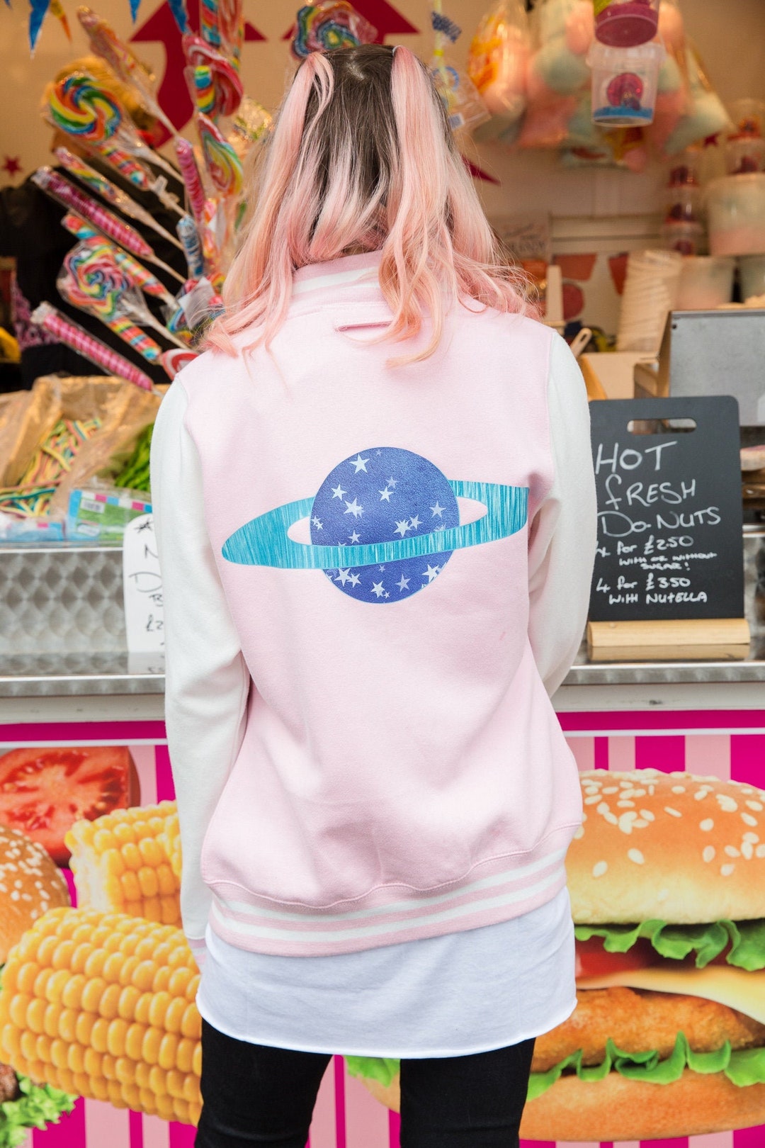 Space Planet Varsity Jacket Blue Stars Galaxy Print Cosmic Girl Retro ...