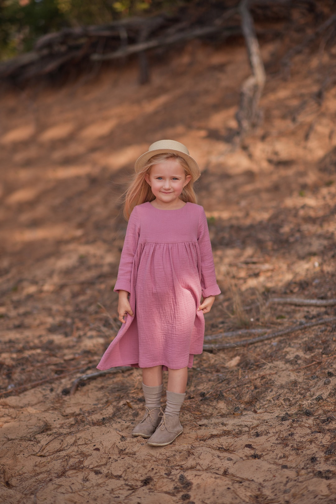 Girls, Muslin Long Sleeve Dress, Cotton, OLD PINK - Etsy