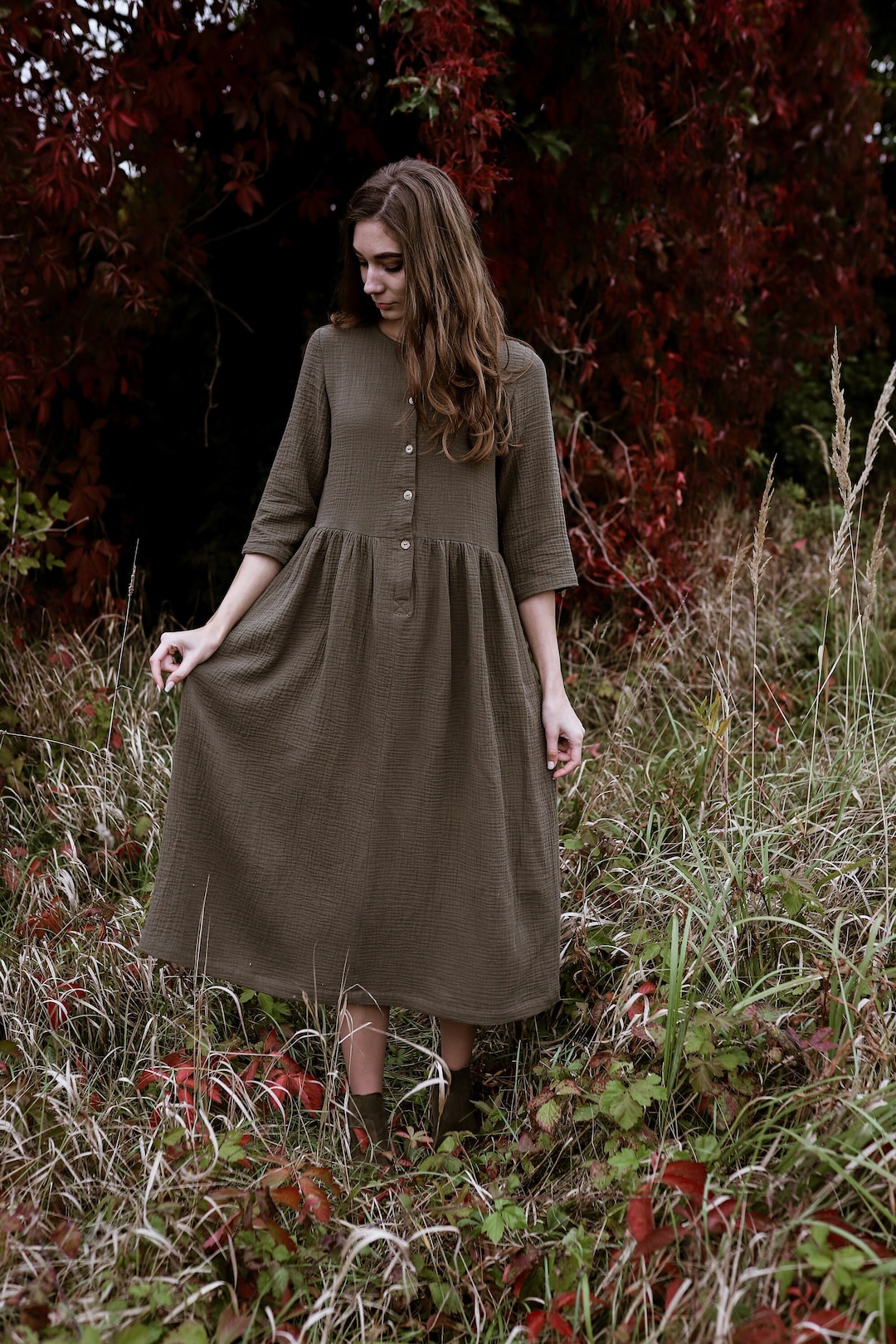 Woman Muslin Dress WINTER MOSS Colour - Etsy