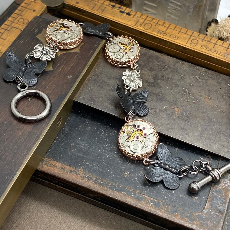 Butterfly Flower and Watch Movement Bracelet Handcrafted - Etsy