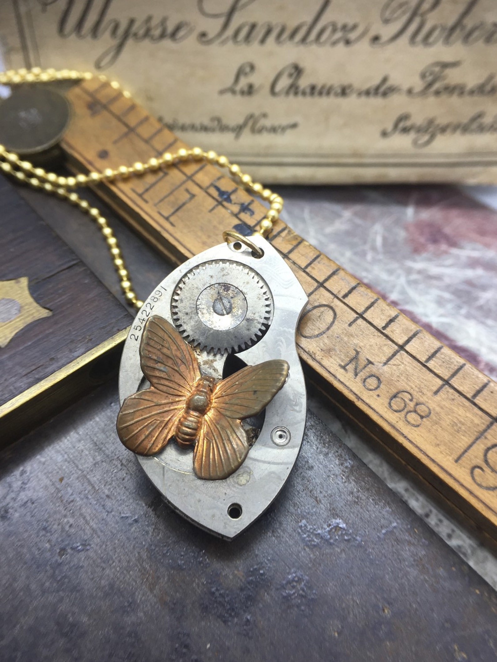 Butterfly Steampunk Necklace Vintage Watch Plate Handcrafted Artistic ...