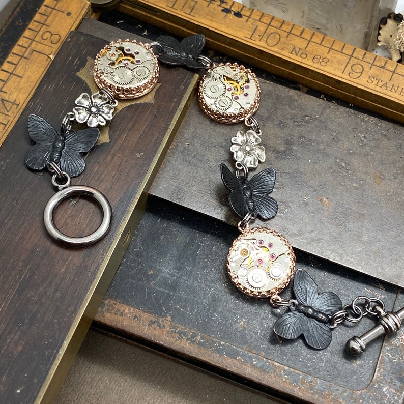 Butterfly Flower and Watch Movement Bracelet Handcrafted - Etsy