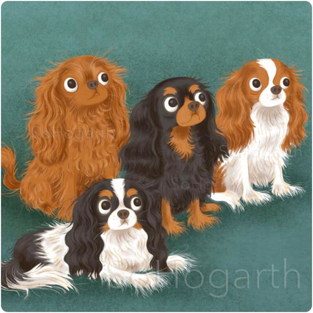 Cavalier King Charles Spaniel Quartet. Blenheim, Tri-color, Ruby, Black and Tan. Matte Paper Dog ...