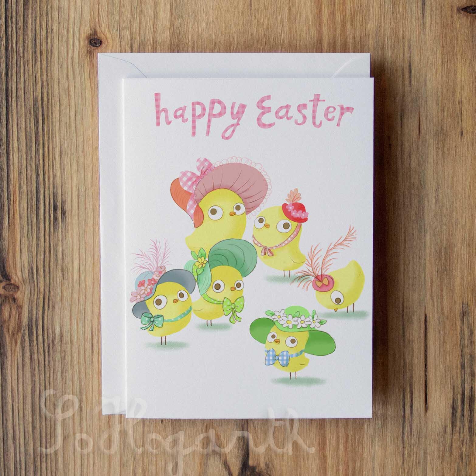 Easter Greeting Cards Bunny and Chicks in Bonnets, Blank Inside. Two ...