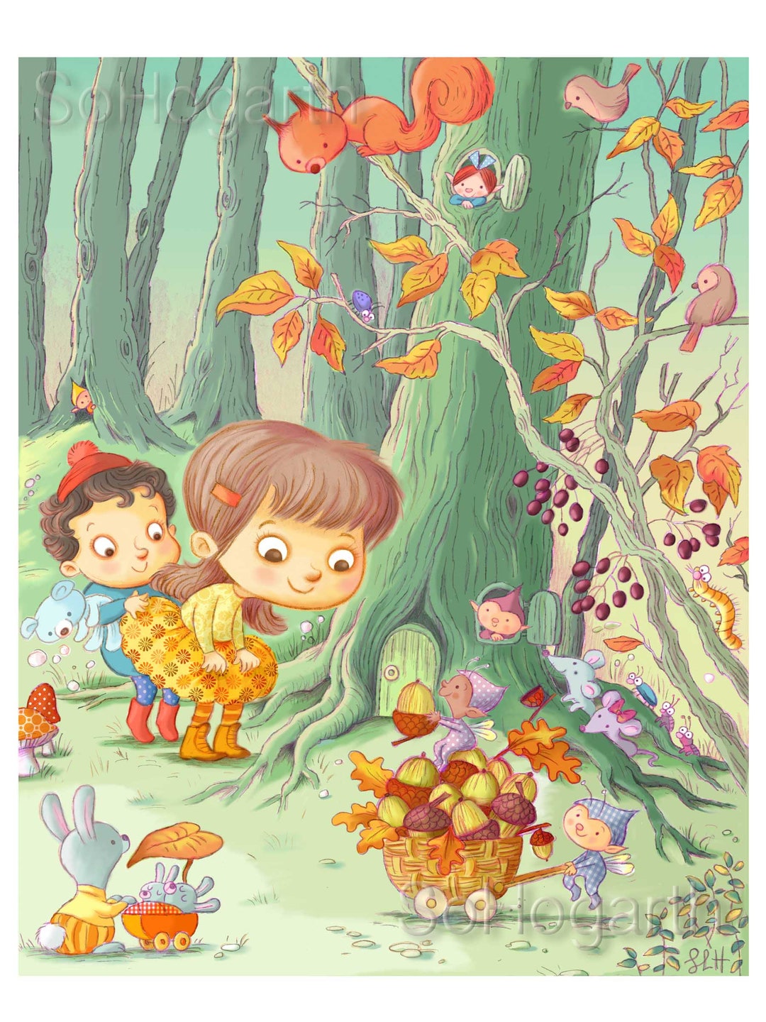 Woodland Fairy Folk Acorn Cart Illustration. Child's Bedroom Baby ...