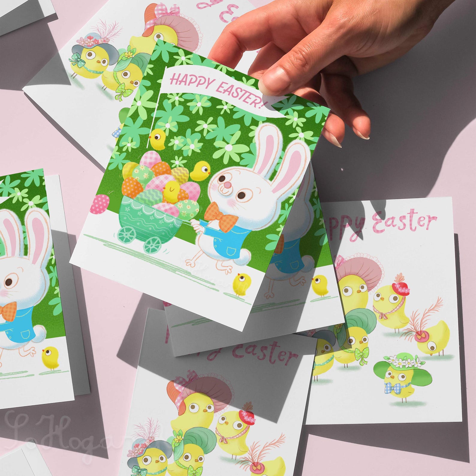 Easter Greeting Cards Bunny and Chicks in Bonnets, Blank Inside. Two ...