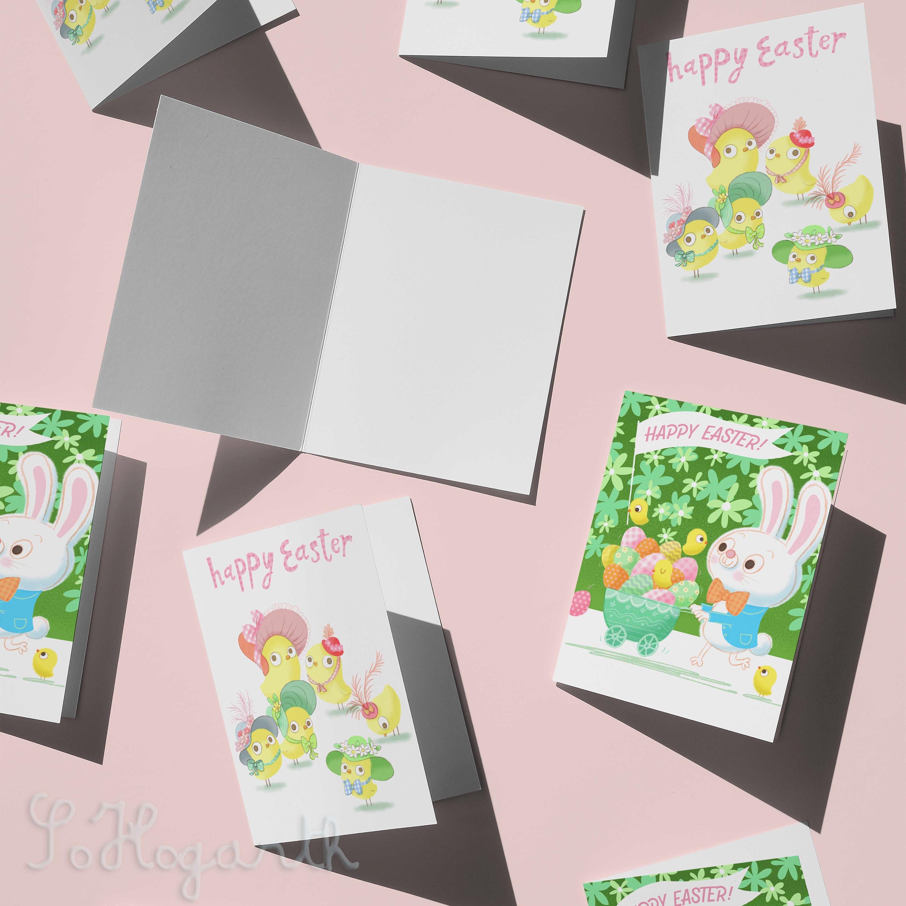 Easter Greeting Cards Bunny and Chicks in Bonnets, Blank Inside. Two ...
